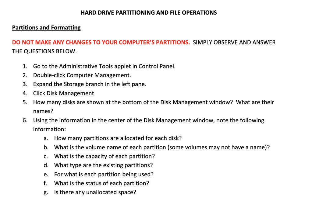 Solved HARD DRIVE PARTITIONING AND FILE OPERATIONS | Chegg.com