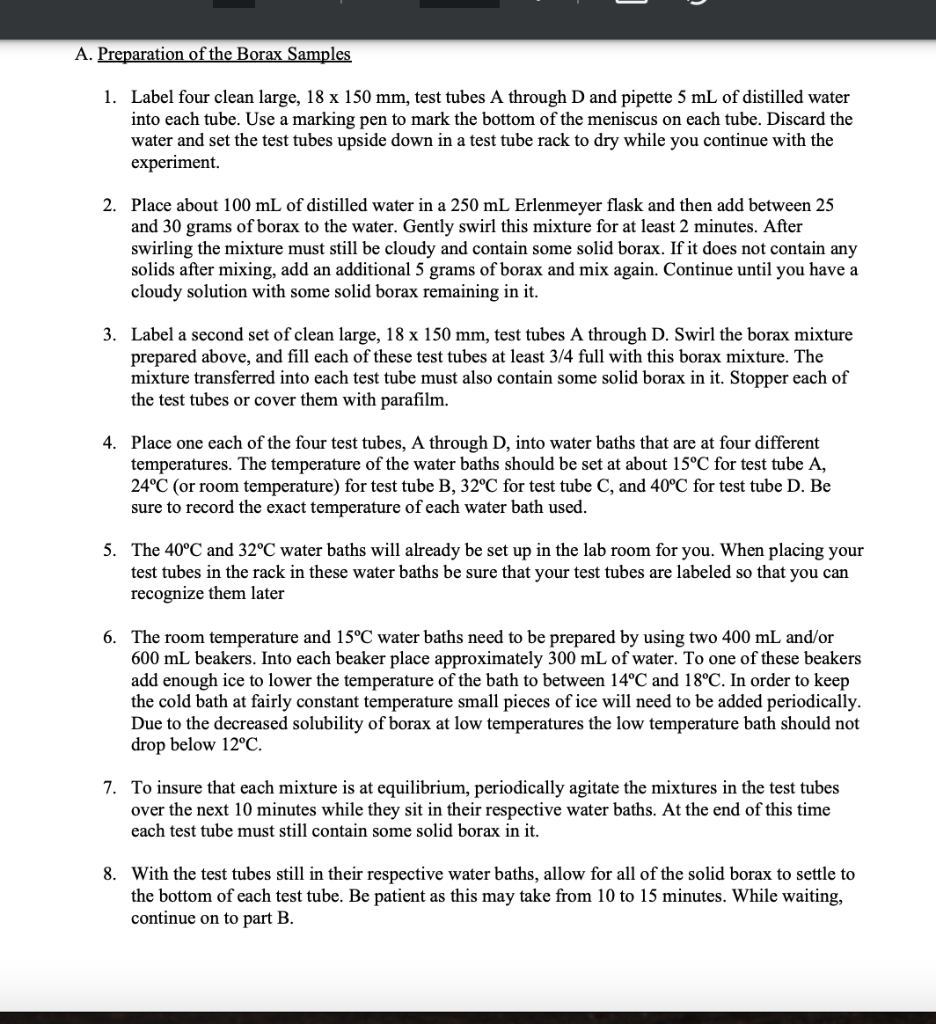 Solved A. Preparation of the Borax Samples 1. Label four | Chegg.com