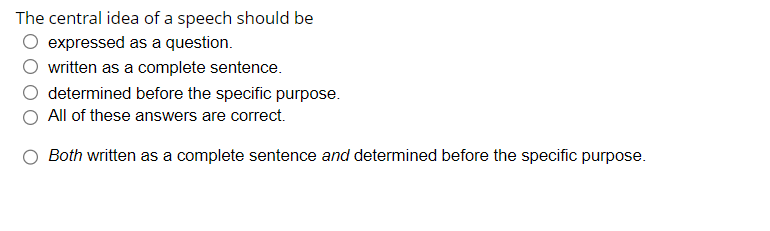 Solved The central idea of a speech should beexpressed as a | Chegg.com