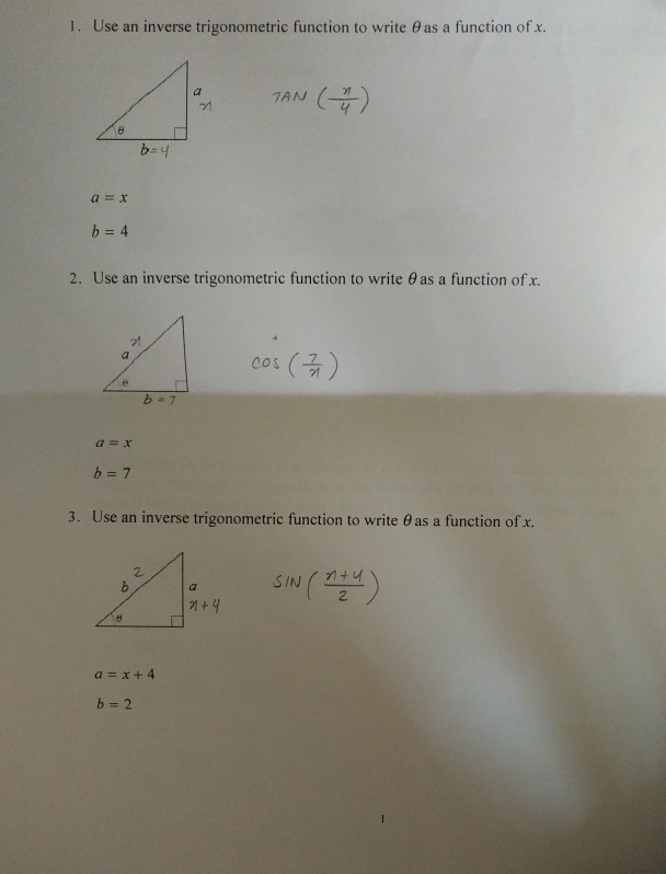 Solved I. Use an inverse trigonometric function to write ? | Chegg.com