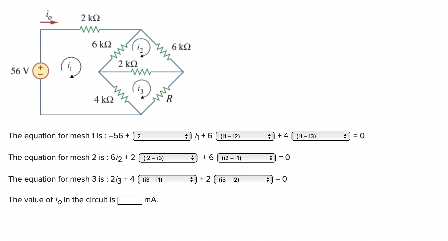 Solved In the bridge network given below, R = 2 kΩ. Find io | Chegg.com