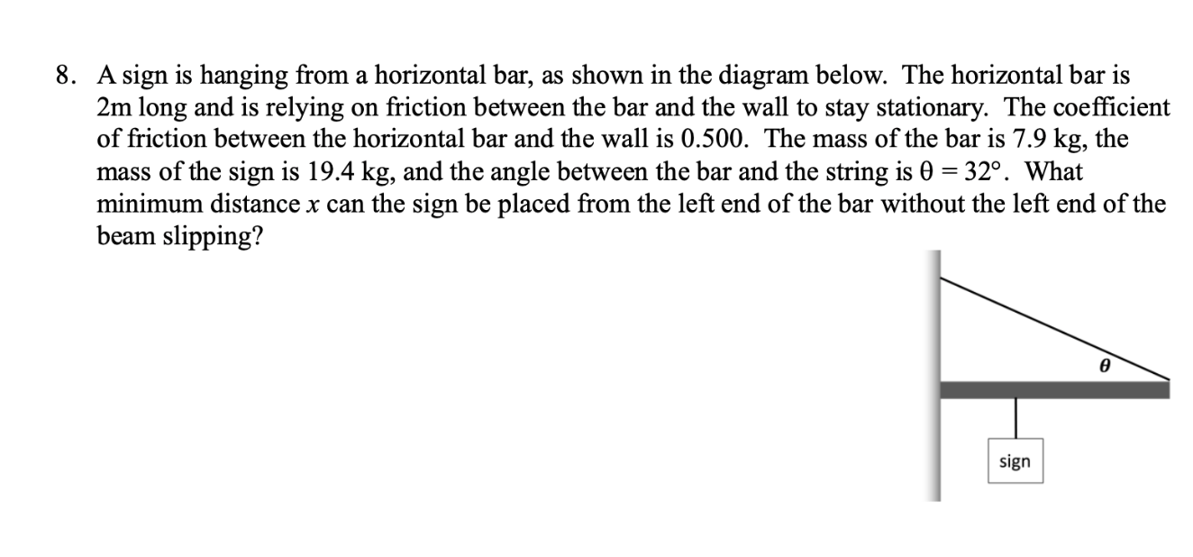 Solved 8. A sign is hanging from a horizontal bar, as shown | Chegg.com