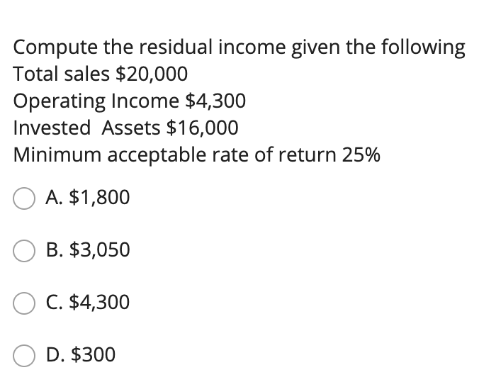 Solved Compute the residual income given the following Total | Chegg.com