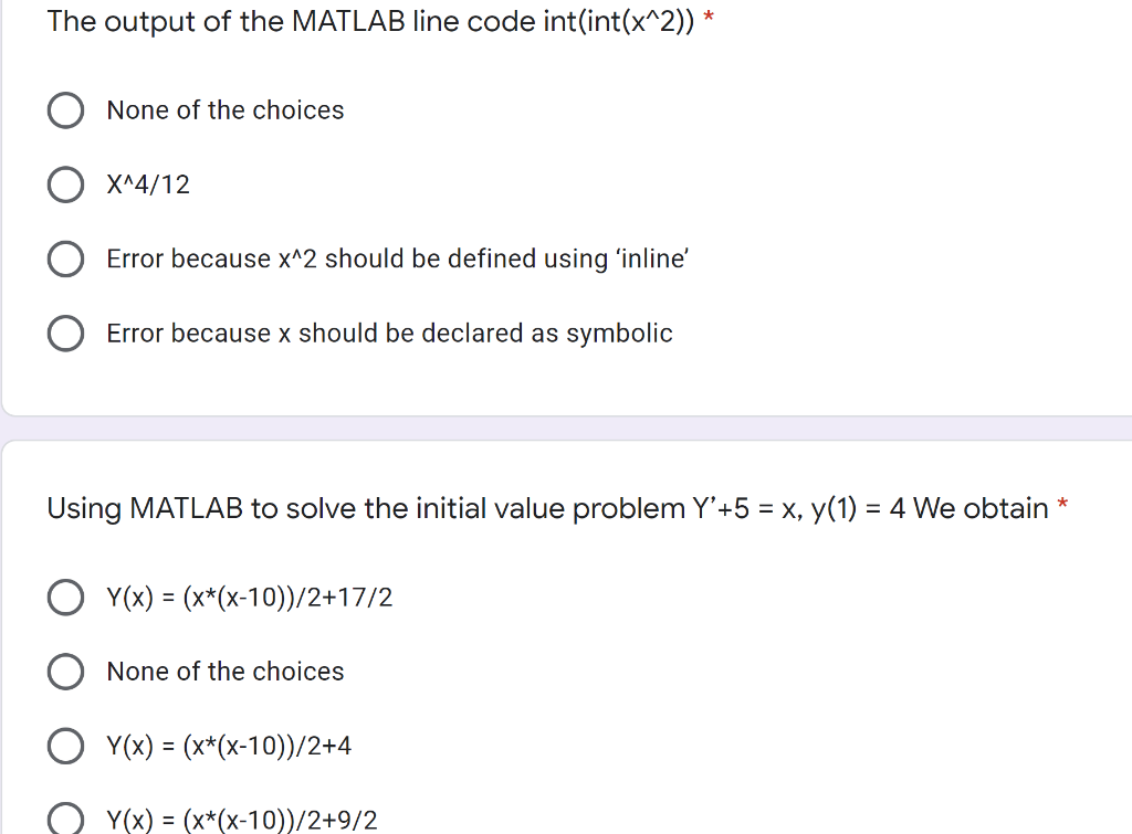 Solved The output of the MATLAB line code int(int(x^2)) * | Chegg.com