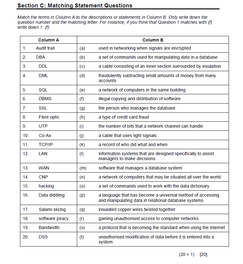 Solved Section C: Matching Statement QuestionsMatch the | Chegg.com