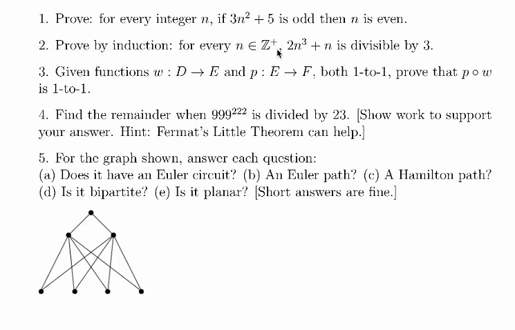 Solved 1 Prove For Every Integer N If 3n2 5 Is Odd Then 