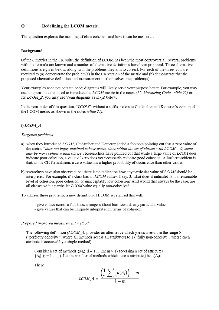 Q Redefining the LCOM metric. This question explores | Chegg.com