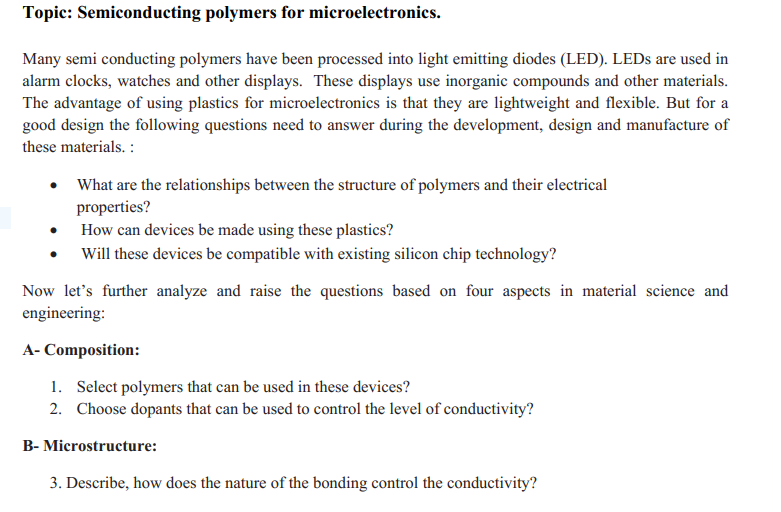 Solved Topic: Semiconducting polymers for microelectronics. | Chegg.com