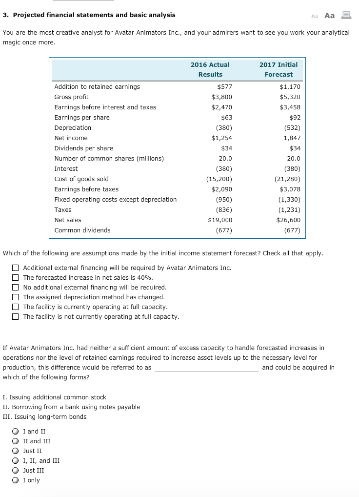 Solved 3. Projected financial statements and basic analysis | Chegg.com