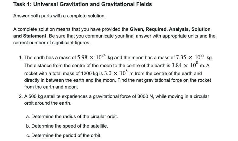 Solved Task 1: Universal Gravitation and Gravitational | Chegg.com