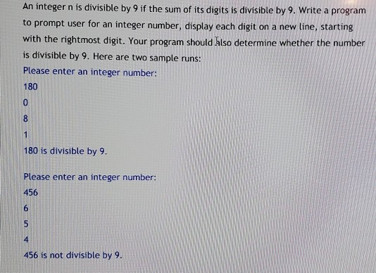 Solved An integer n is divisible by 9 if the sum of its | Chegg.com