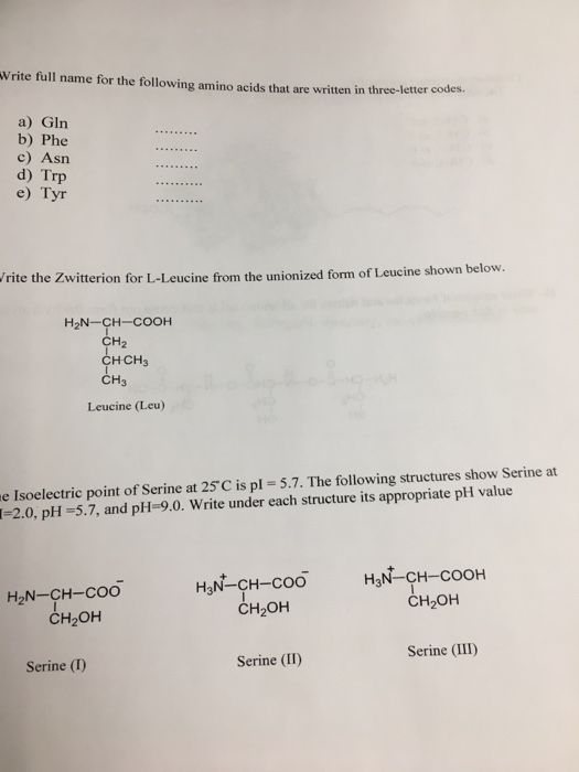 Solved Write the name for the following amino acids that are | Chegg.com