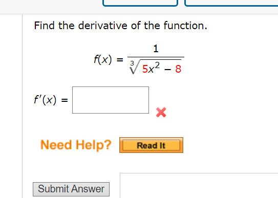 Solved Find the derivative of the function. f(x)=35x2−81 | Chegg.com