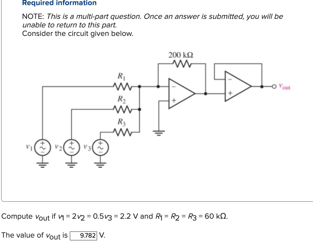 Solved Compute vout if v1 = 2v2 = 0.5v3 = 2.2 V and R1 = R2 | Chegg.com