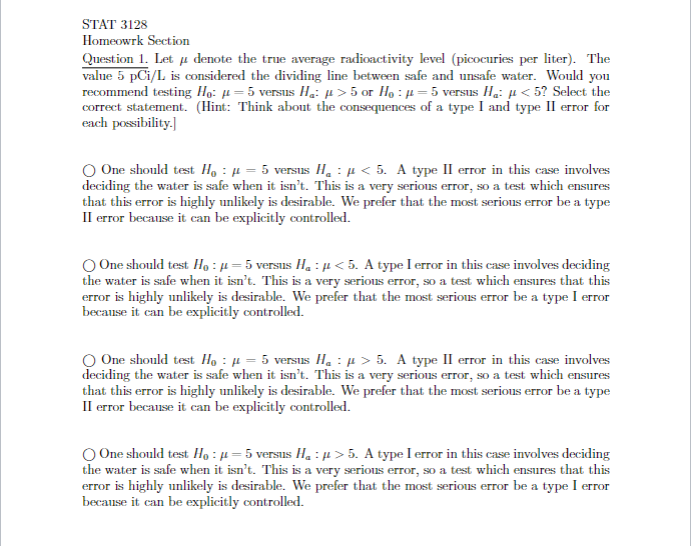 Solved Stat 3128 Homeowrk Section Question 1 Let μ Denote