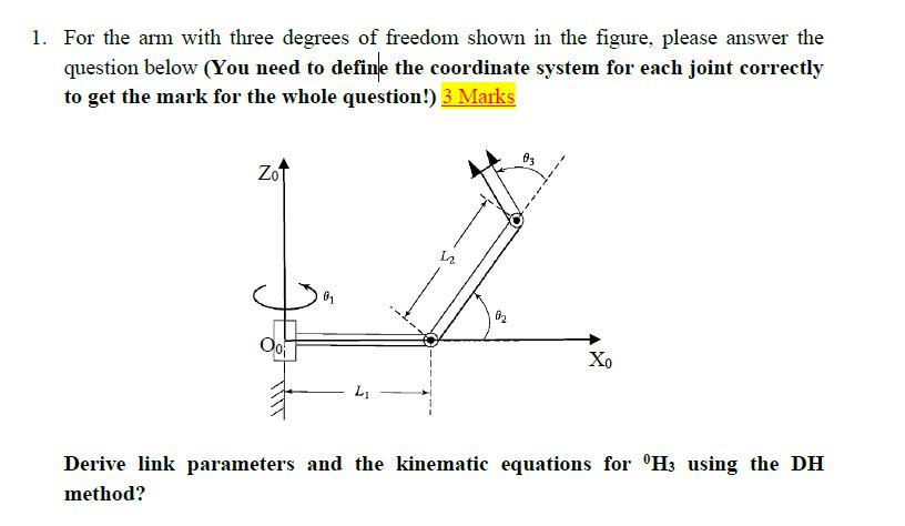 Solved 1. For the arm with three degrees of freedom shown in | Chegg.com
