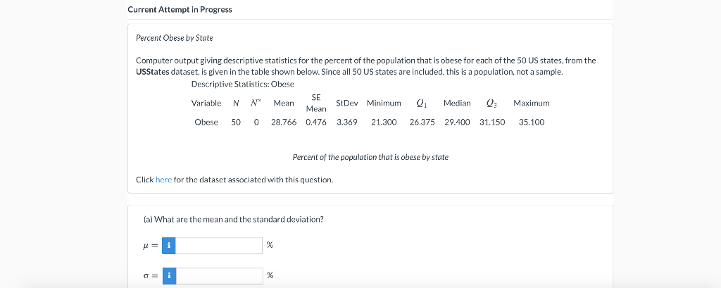 Solved Current Attempt in Progress Percent Obese by State | Chegg.com