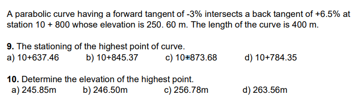 Solved A parabolic curve having a forward tangent of -3% | Chegg.com