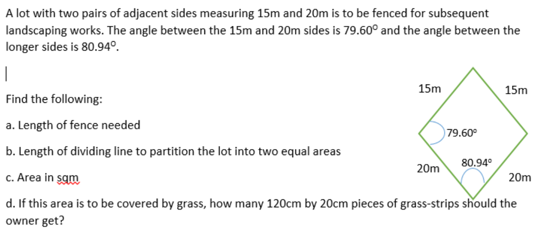 Solved A lot with two pairs of adjacent sides measuring 15 m | Chegg.com