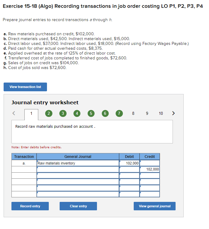 Solved Exercise 15-18 (Algo) Recording transactions in job | Chegg.com Solved Exercise 15-18 (Algo) Recording transactions in job | Chegg.com