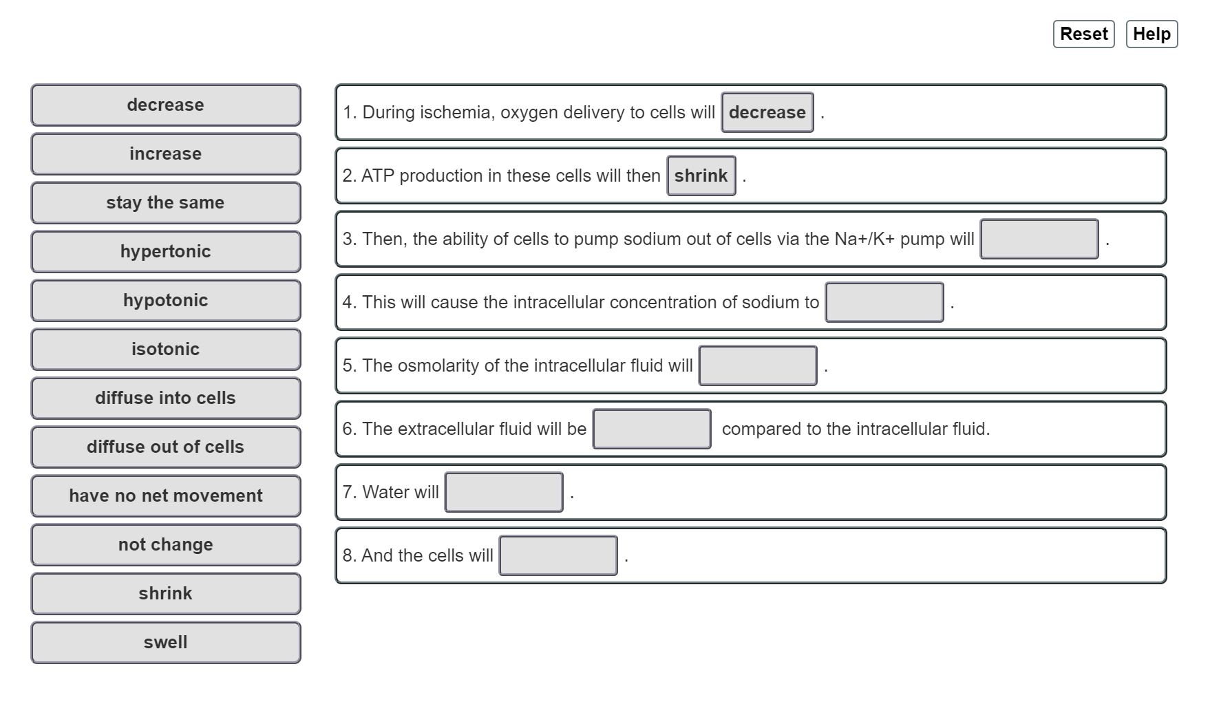 Solved Reset Help decrease 1. During ischemia, oxygen | Chegg.com