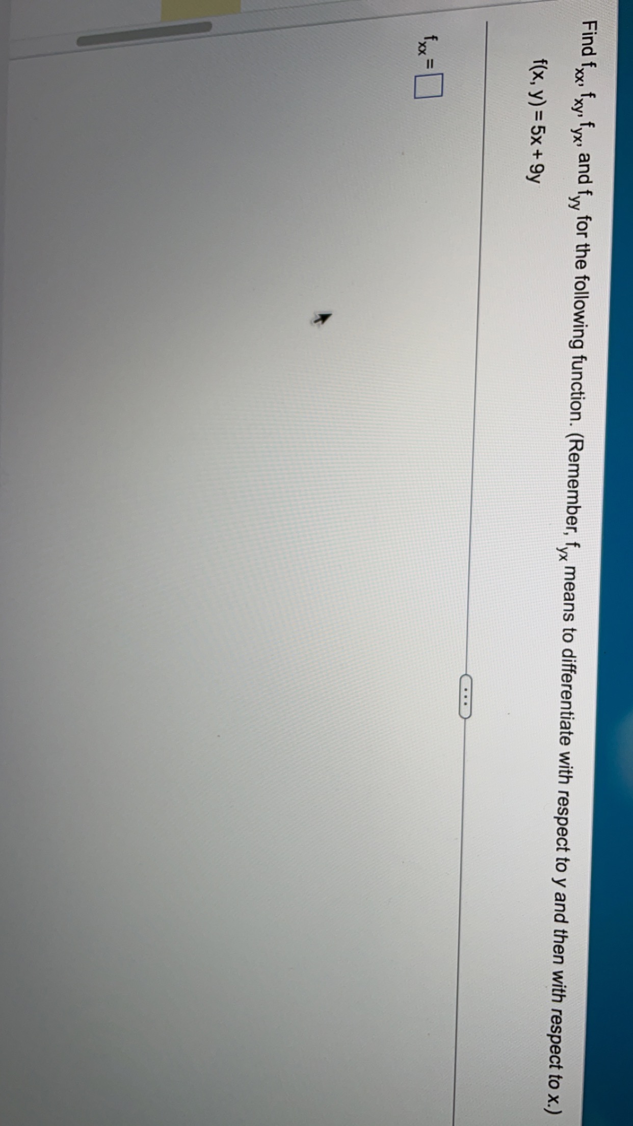 Solved Find f×,fxy,fyx, ﻿and fyy ﻿for the following | Chegg.com