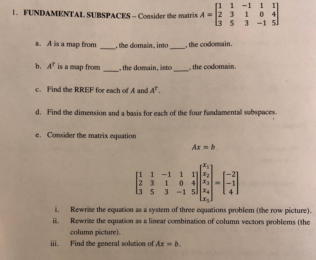 Solved FUNDAMENTAL SUBSPACES-Consider the matrix A =12 I. 3 | Chegg.com