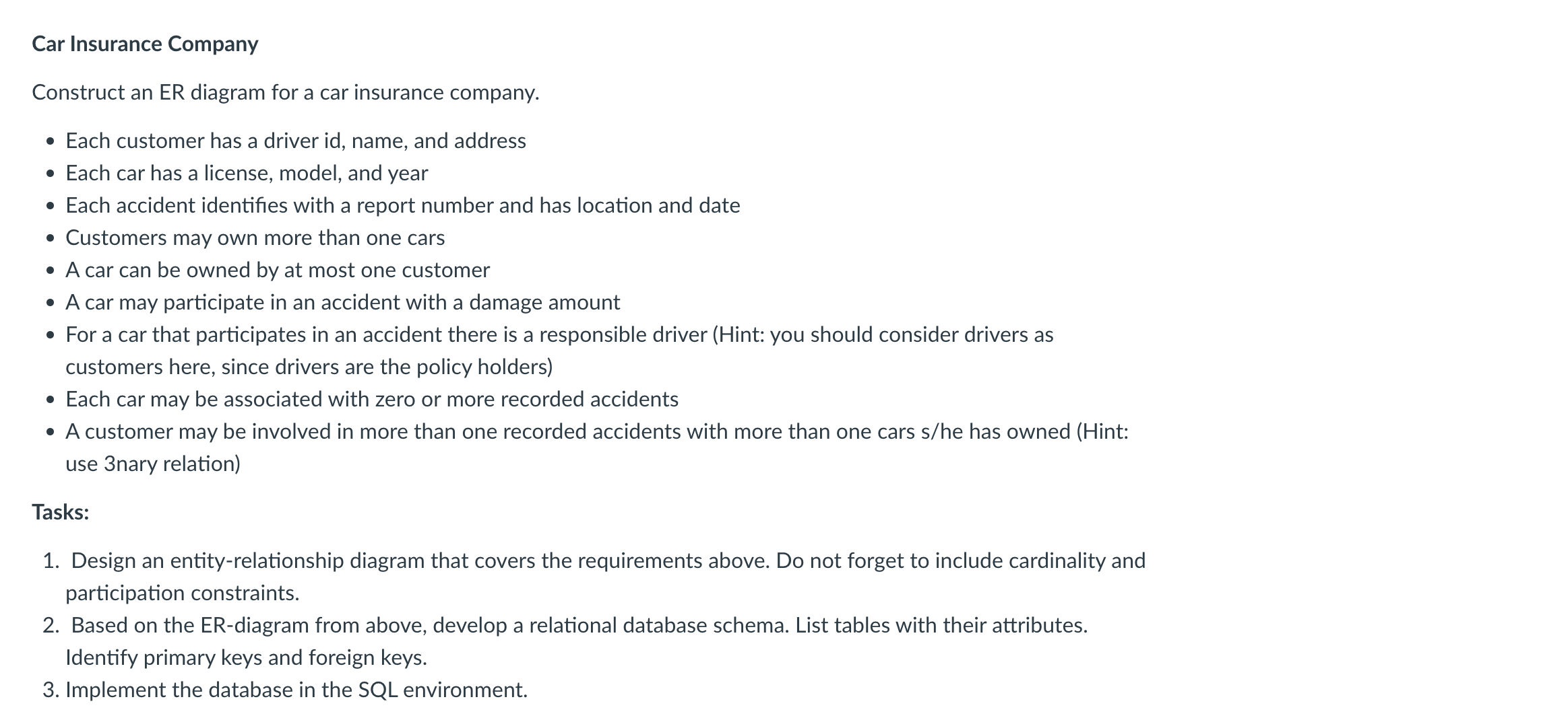 Solved Car Insurance Company Construct an ER diagram for a | Chegg.com