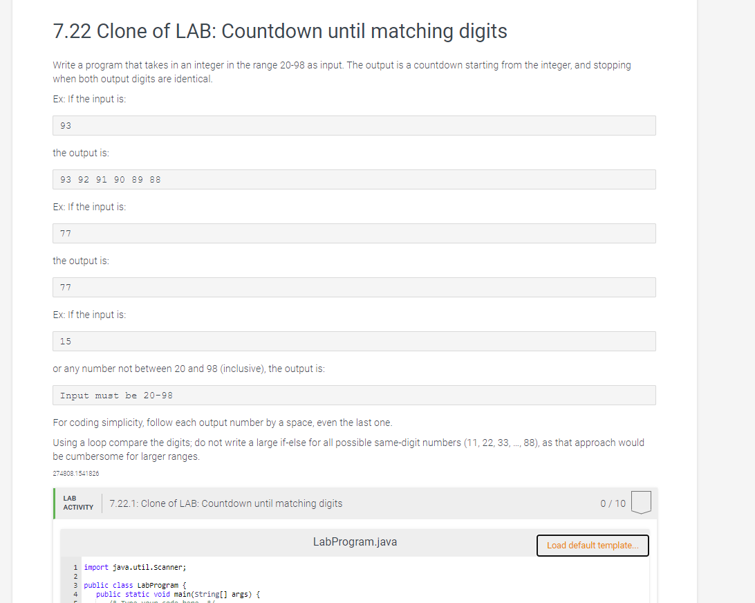 Solved 7.22 Clone of LAB: Countdown until matching digits | Chegg.com