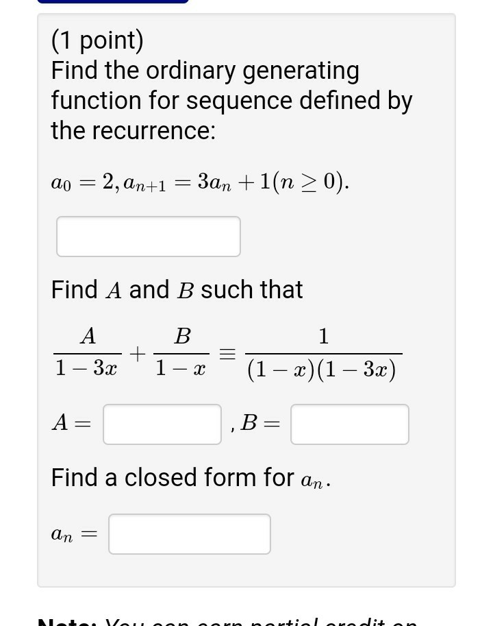 Solved (1 point) Find the ordinary generating function for | Chegg.com
