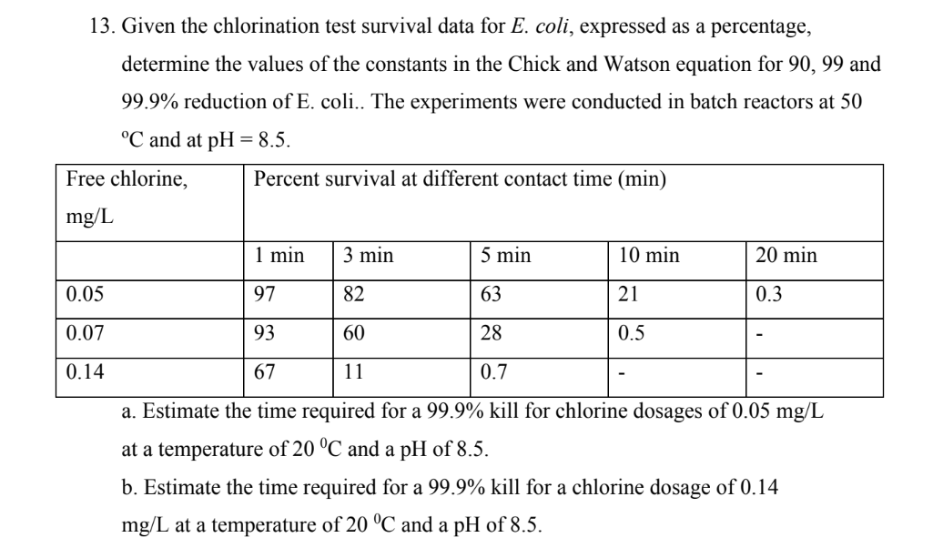 Solved 13. Given the chlorination test survival data for E. | Chegg.com