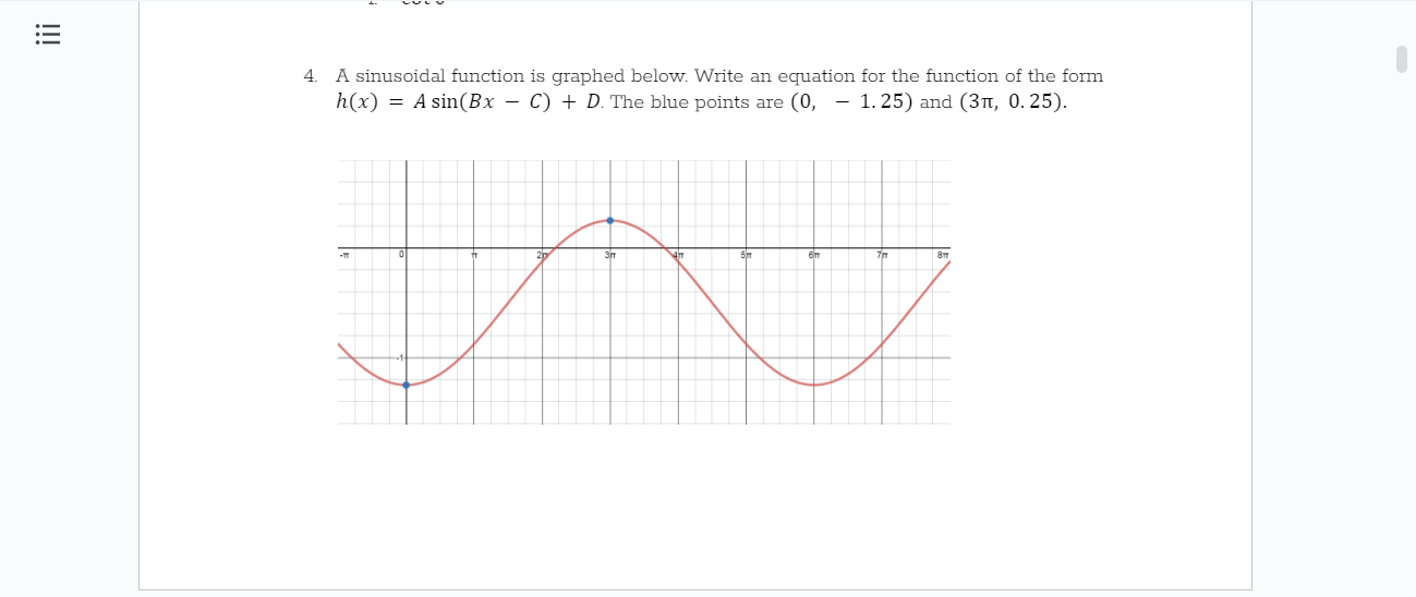 Solved 4. A sinusoidal function is graphed below. Write an | Chegg.com