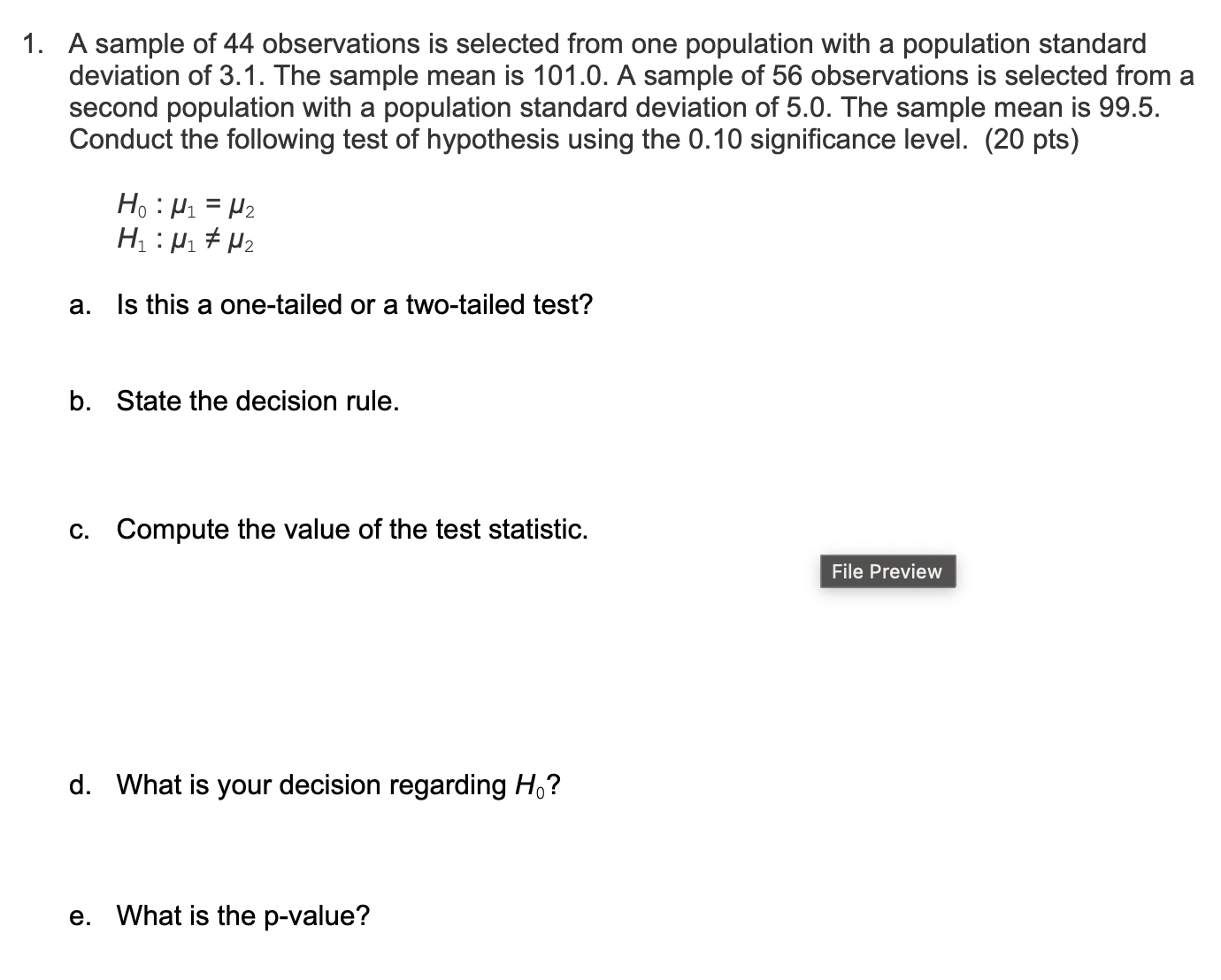 Solved A sample of 44 observations is selected from one | Chegg.com