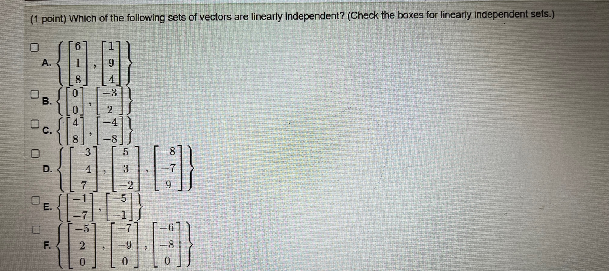 Solved (1 point) Which of the following sets of vectors are | Chegg.com