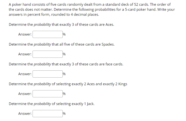 Solved A poker hand consists of five cards randomly dealt | Chegg.com