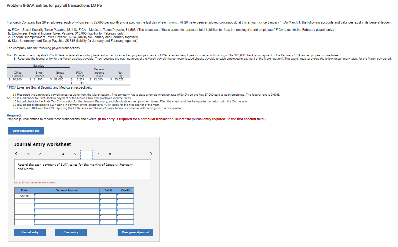 Solved Problem 9-6AA Entries for payroll transactions LO P5 | Chegg.com