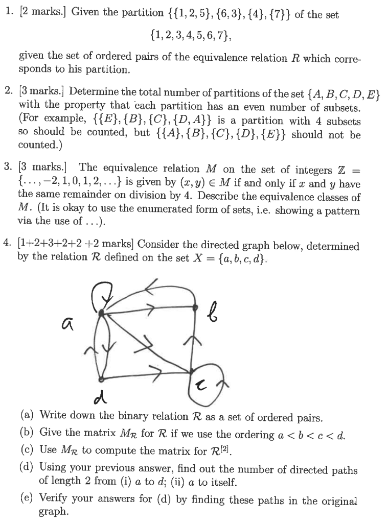 Solved 1. [2 marks.] Given the partition {{1,2,5}, {6,3}, | Chegg.com