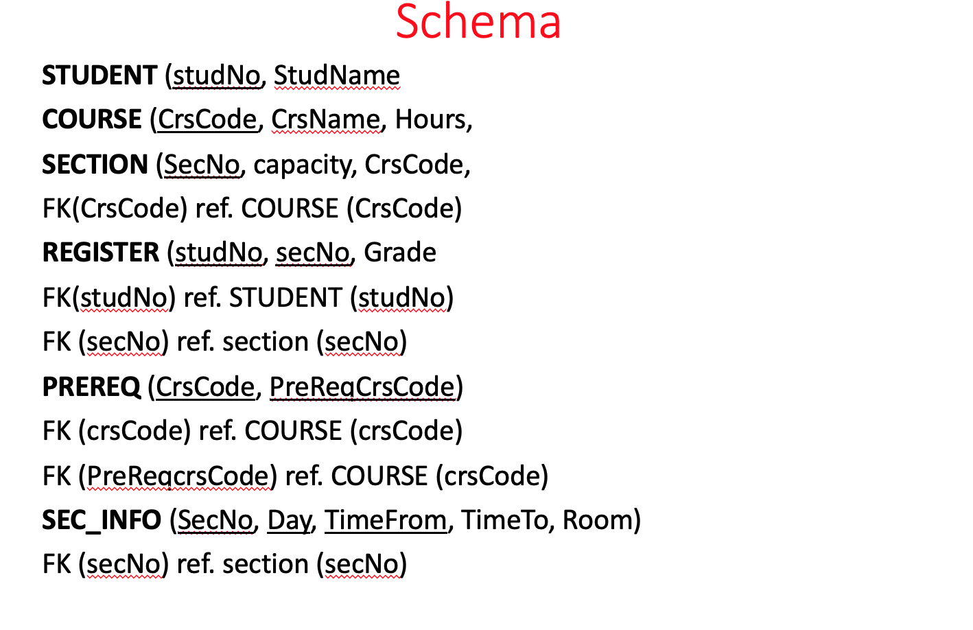 Solved Schema STUDENT (studNo, StudName COURSE (CrsCode, | Chegg.com