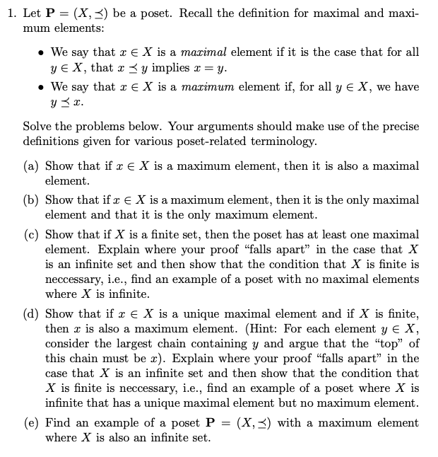 Solved 1. Let P = (X, ) be a poset. Recall the definition | Chegg.com