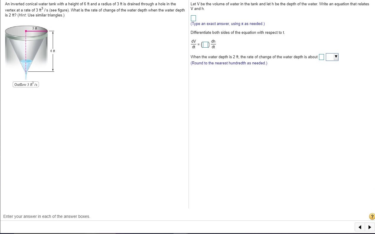 Solved An inverted conical water tank with a height of 6 ft | Chegg.com