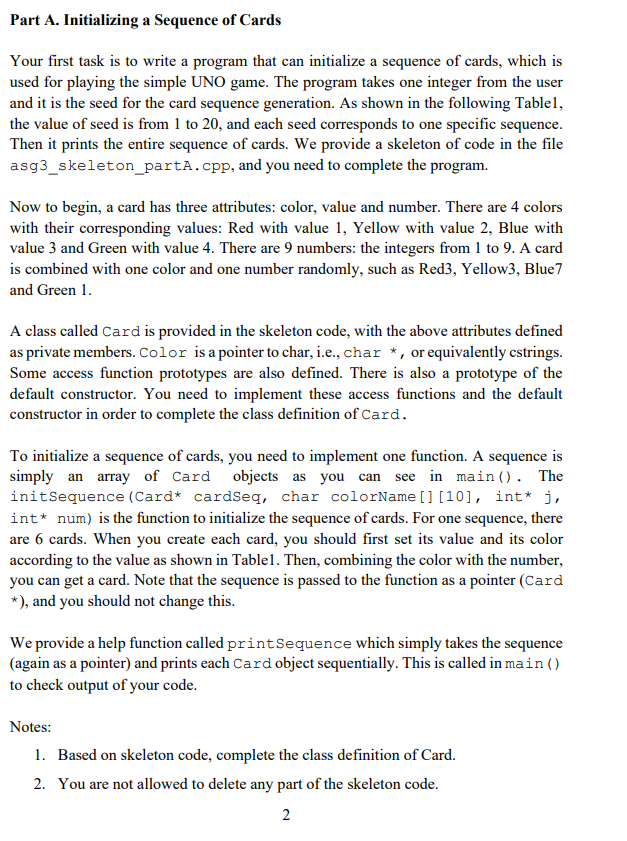 Solved Part A. Initializing a Sequence of Cards Your first | Chegg.com