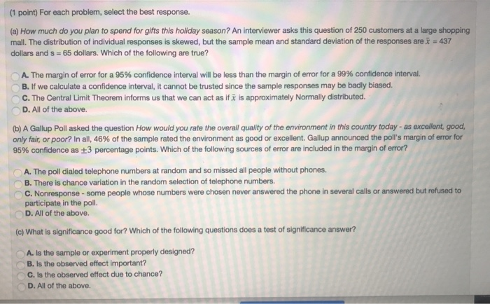 Solved (1 point) For each problem, select the best response. | Chegg.com