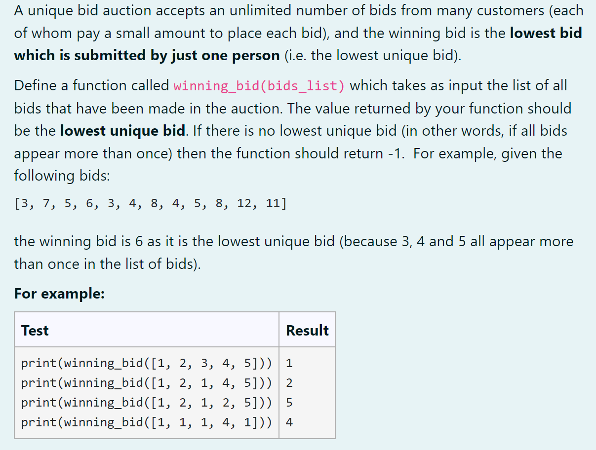 Solved For example: print(winning_bid([1, 2, 3, 4, | Chegg.com
