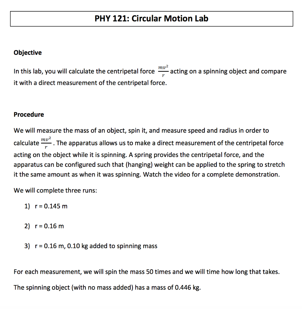 PHY 121: Circular Motion Lab Objective my2 In this | Chegg.com