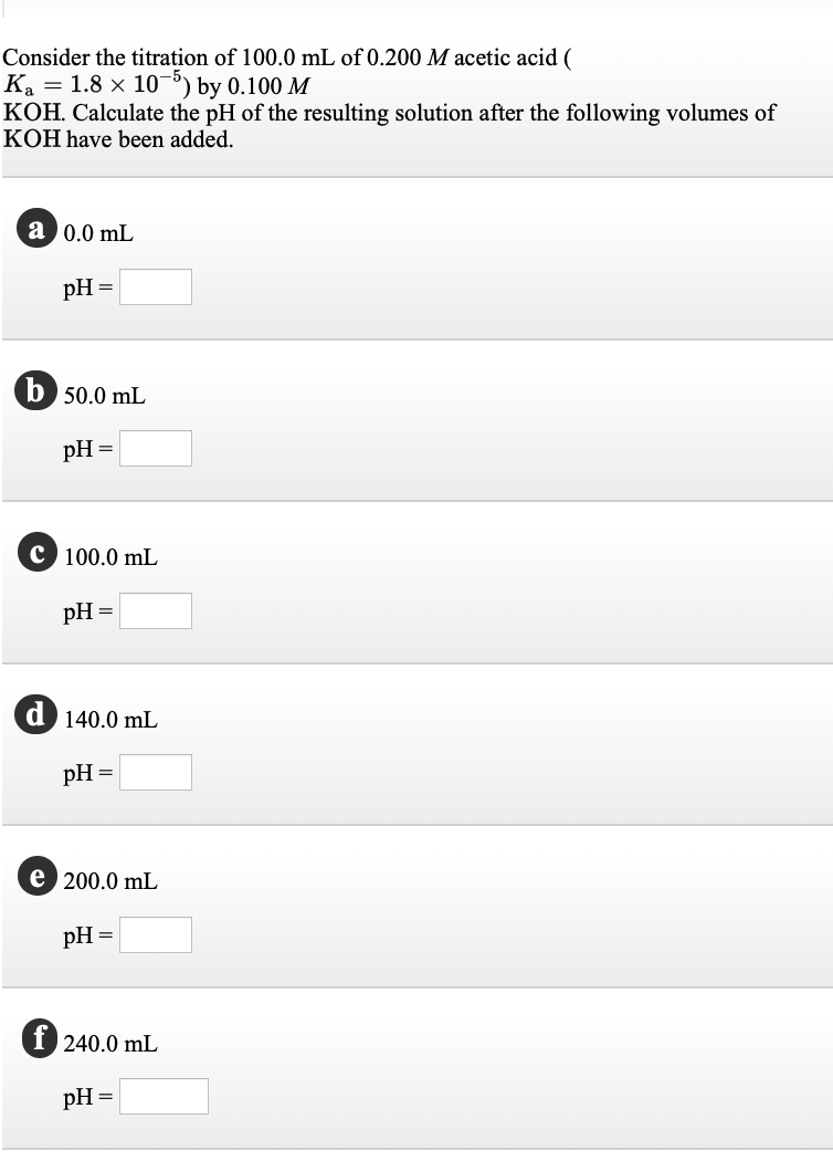 Solved Consider the titration of 100.0 mL of 0.200 M acetic | Chegg.com