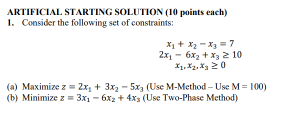 Solved ARTIFICIAL STARTING SOLUTION (10 ﻿points | Chegg.com