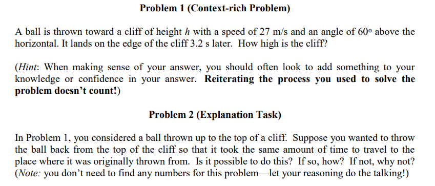 Solved Problem 1 (Context-rich Problem) A ball is thrown | Chegg.com