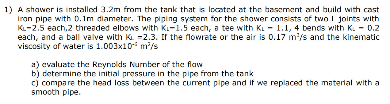 Solved 1) A shower is installed 3.2m from the tank that is | Chegg.com