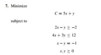 Solved 7. Minimize C = 5x + y subject to 2x -y 2-2 4x + 3y = | Chegg.com