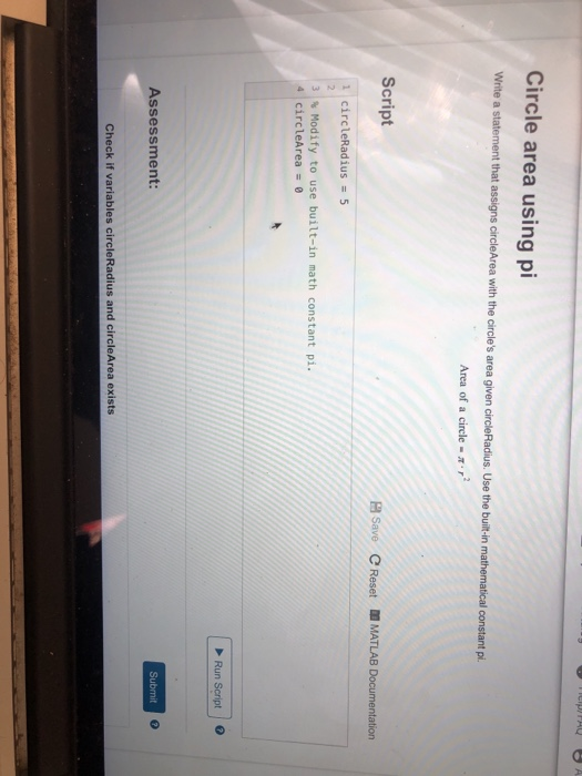Solved Circle area using pi Write a statement that assigns | Chegg.com